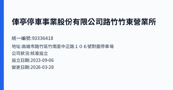 俥亭停車事業股份有限公司路竹竹東營業所的照片-統編 93336418(高雄市) 公司登記資料與營業項目詳細圖表