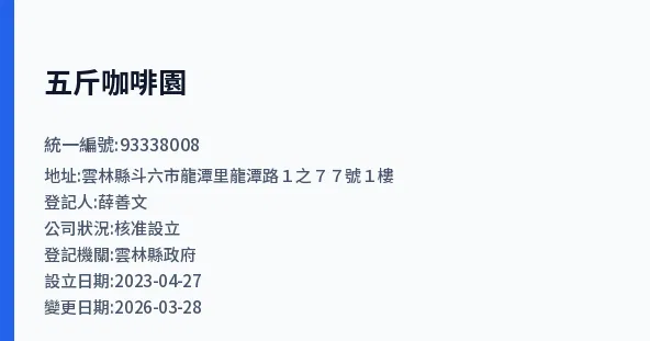 五斤咖啡園的照片-統編 93338008(雲林縣) 公司登記資料與營業項目詳細圖表