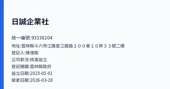 日誠企業社的照片-統編 93338204(雲林縣) 公司登記資料與營業項目詳細圖表