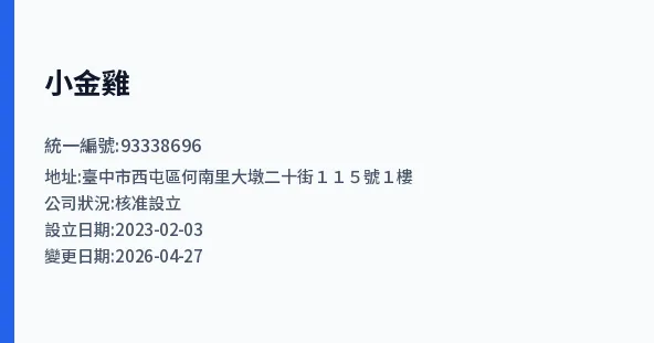 小金雞的照片-統編 93338696(臺中市) 公司登記資料與營業項目詳細圖表