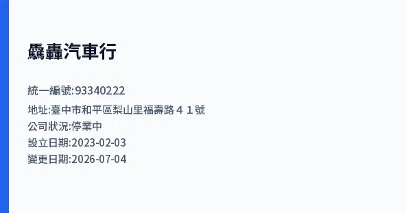 驫轟汽車行的照片-統編 93340222(臺中市) 公司登記資料與營業項目詳細圖表
