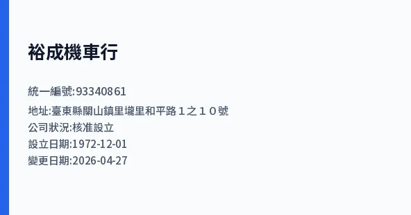 裕成機車行的照片-統編 93340861(臺東縣) 公司登記資料與營業項目詳細圖表