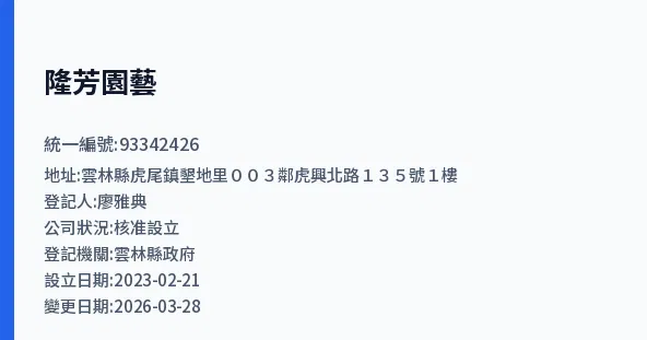 隆芳園藝的照片-統編 93342426(雲林縣) 公司登記資料與營業項目詳細圖表