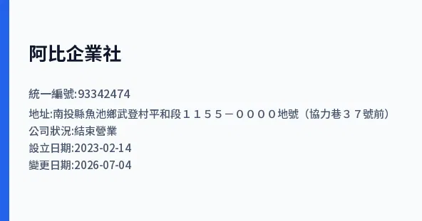 阿比企業社的照片-統編 93342474(南投縣) 公司登記資料與營業項目詳細圖表