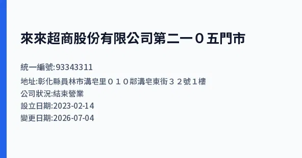 來來超商股份有限公司第二一0五門市的照片-統編 93343311(彰化縣) 公司登記資料與營業項目詳細圖表