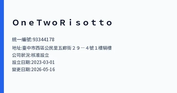 One Two Risotto的照片-統編 93344178(臺中市) 公司登記資料與營業項目詳細圖表