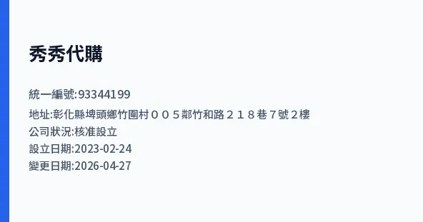 秀秀代購的照片-統編 93344199(彰化縣) 公司登記資料與營業項目詳細圖表