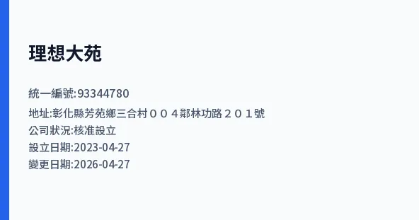 理想大苑的照片-統編 93344780(彰化縣) 公司登記資料與營業項目詳細圖表