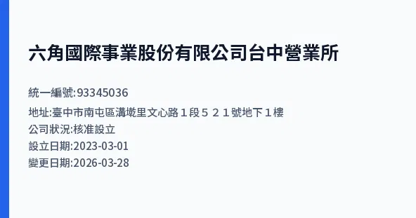 六角國際事業股份有限公司台中營業所的照片-統編 93345036(臺中市) 公司登記資料與營業項目詳細圖表