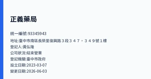 正義藥局的照片-統編 93345943(臺中市) 公司登記資料與營業項目詳細圖表