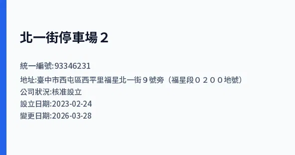 北一街停車場2的照片-統編 93346231(臺中市) 公司登記資料與營業項目詳細圖表