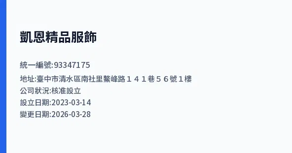 凱恩精品服飾的照片-統編 93347175(臺中市) 公司登記資料與營業項目詳細圖表
