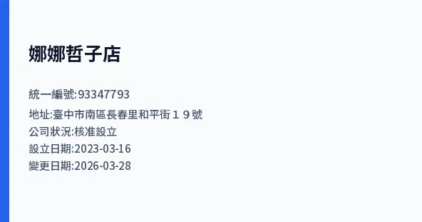 娜娜哲子店的照片-統編 93347793(臺中市) 公司登記資料與營業項目詳細圖表