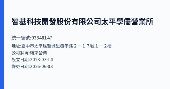 智基科技開發股份有限公司太平學儒營業所的照片-統編 93348147(臺中市) 公司登記資料與營業項目詳細圖表