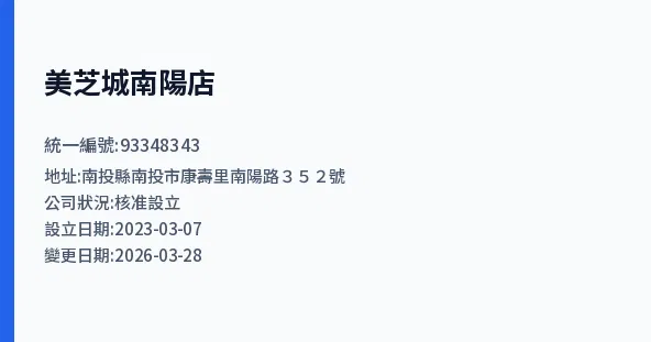 美芝城南陽店的照片-統編 93348343(南投縣) 公司登記資料與營業項目詳細圖表
