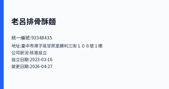 老呂排骨酥麵的照片-統編 93348435(臺中市) 公司登記資料與營業項目詳細圖表