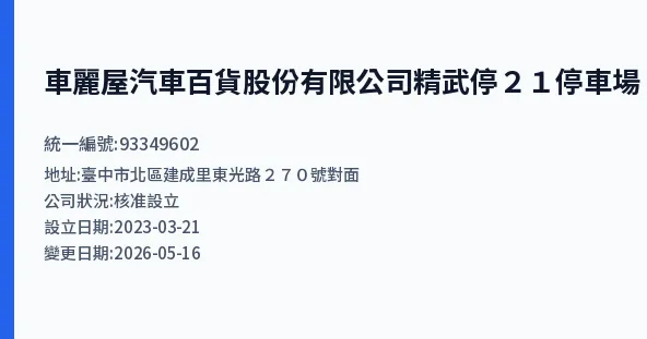 車麗屋汽車百貨股份有限公司精武停21停車場的照片-統編 93349602(臺中市) 公司登記資料與營業項目詳細圖表