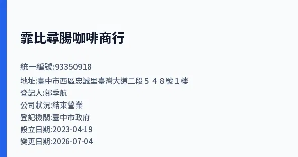 霏比尋腸咖啡商行的照片-統編 93350918(臺中市) 公司登記資料與營業項目詳細圖表