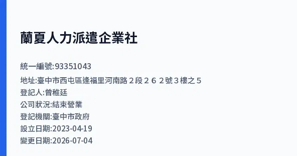 蘭夏人力派遣企業社的照片-統編 93351043(臺中市) 公司登記資料與營業項目詳細圖表