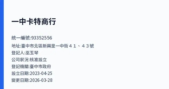 一中卡特商行的照片-統編 93352556(臺中市) 公司登記資料與營業項目詳細圖表