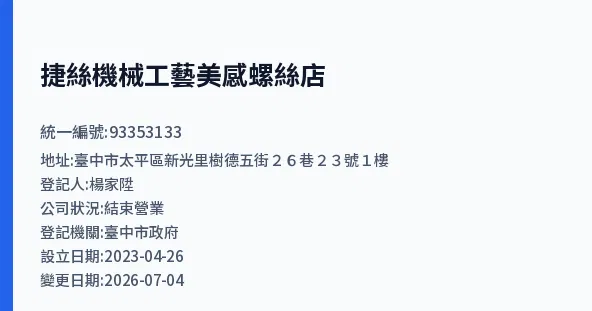 捷絲機械工藝美感螺絲店的照片-統編 93353133(臺中市) 公司登記資料與營業項目詳細圖表