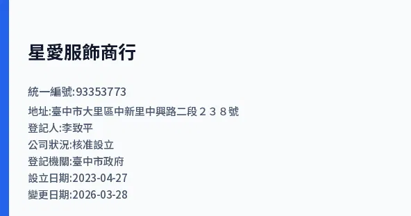 星愛服飾商行的照片-統編 93353773(臺中市) 公司登記資料與營業項目詳細圖表