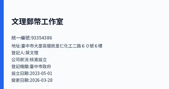 文理郵幣工作室的照片-統編 93354386(臺中市) 公司登記資料與營業項目詳細圖表