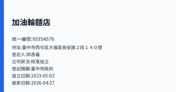 加油輪麵店的照片-統編 93354576(臺中市) 公司登記資料與營業項目詳細圖表
