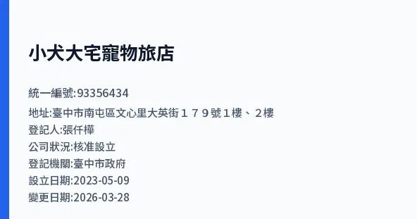 小犬大宅寵物旅店的照片-統編 93356434(臺中市) 公司登記資料與營業項目詳細圖表