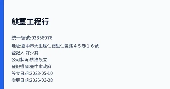 麒璽工程行的照片-統編 93356976(臺中市) 公司登記資料與營業項目詳細圖表