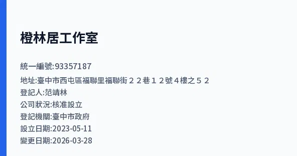 橙林居工作室的照片-統編 93357187(臺中市) 公司登記資料與營業項目詳細圖表
