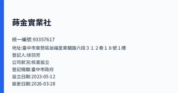 蒔金實業社的照片-統編 93357617(臺中市) 公司登記資料與營業項目詳細圖表
