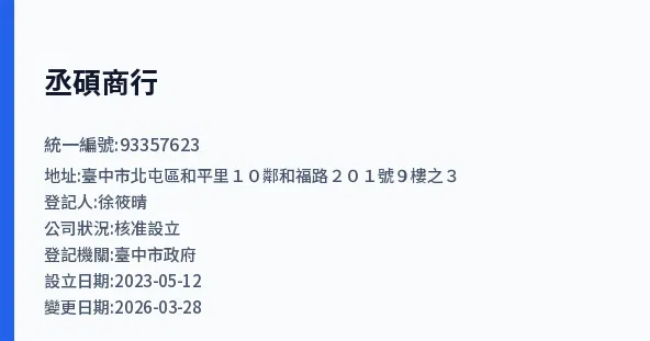 丞碩商行的照片-統編 93357623(臺中市) 公司登記資料與營業項目詳細圖表