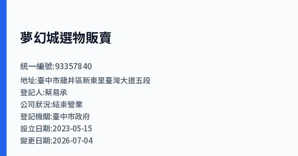 夢幻城選物販賣的照片-統編 93357840(臺中市) 公司登記資料與營業項目詳細圖表