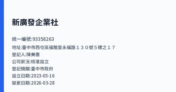 新廣發企業社的照片-統編 93358263(臺中市) 公司登記資料與營業項目詳細圖表