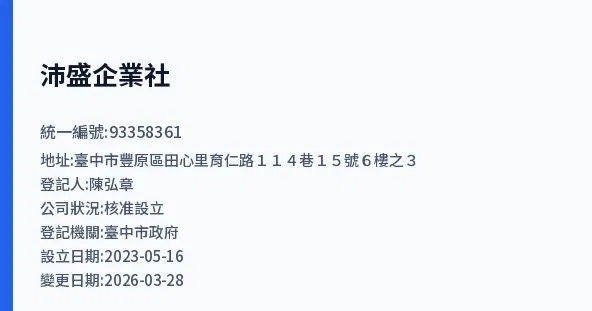 沛盛企業社的照片-統編 93358361(臺中市) 公司登記資料與營業項目詳細圖表