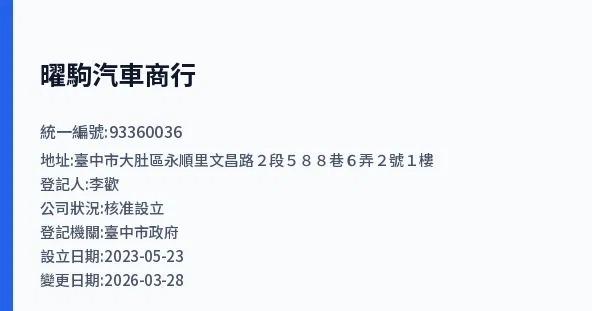 曜駒汽車商行的照片-統編 93360036(臺中市) 公司登記資料與營業項目詳細圖表