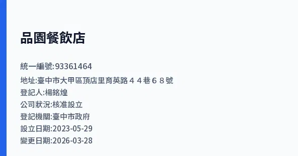 品園餐飲店的照片-統編 93361464(臺中市) 公司登記資料與營業項目詳細圖表