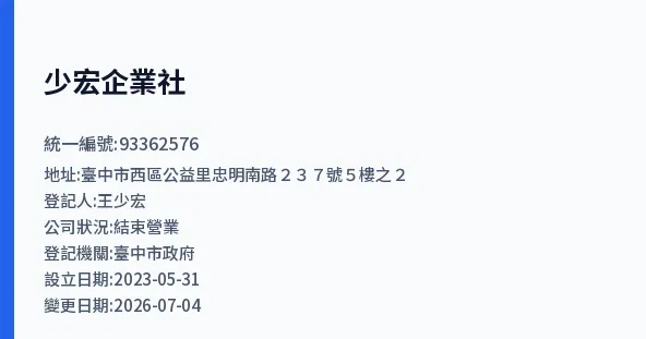 少宏企業社的照片-統編 93362576(臺中市) 公司登記資料與營業項目詳細圖表
