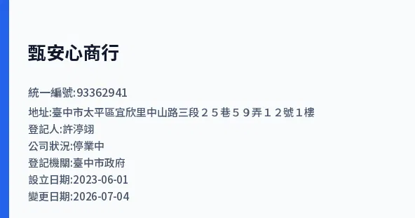 甄安心商行的照片-統編 93362941(臺中市) 公司登記資料與營業項目詳細圖表
