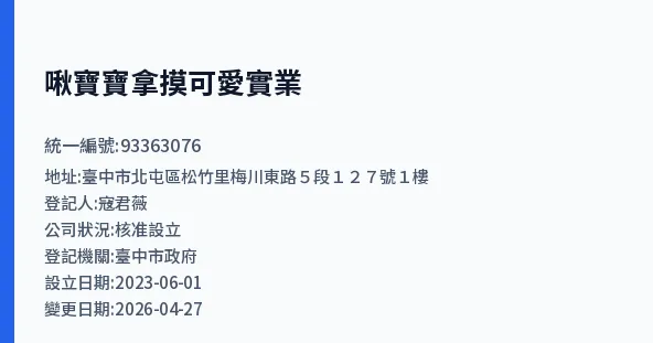啾寶寶拿摸可愛實業的照片-統編 93363076(臺中市) 公司登記資料與營業項目詳細圖表