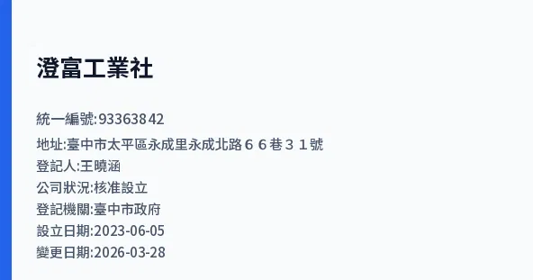 澄富工業社的照片-統編 93363842(臺中市) 公司登記資料與營業項目詳細圖表