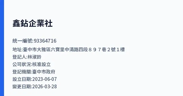 鑫鉆企業社的照片-統編 93364716(臺中市) 公司登記資料與營業項目詳細圖表