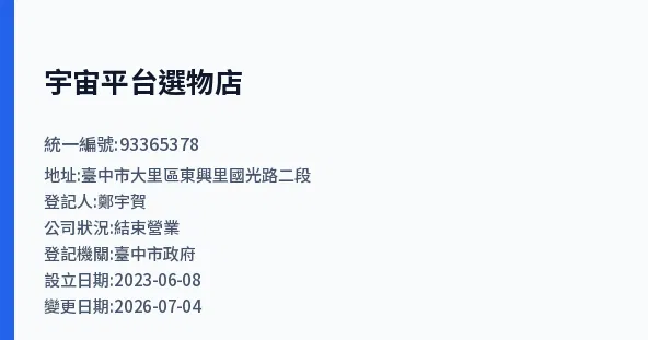 宇宙平台選物店的照片-統編 93365378(臺中市) 公司登記資料與營業項目詳細圖表