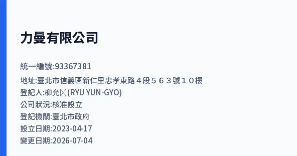 力曼有限公司的照片-統編 93367381(臺北市) 公司登記資料與營業項目詳細圖表