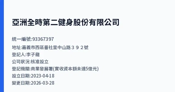 亞洲全時第二健身股份有限公司的照片-統編 93367397(嘉義市) 公司登記資料與營業項目詳細圖表