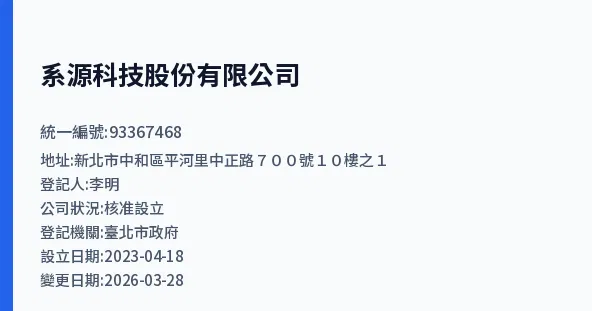 系源科技股份有限公司的照片-統編 93367468(新北市) 公司登記資料與營業項目詳細圖表