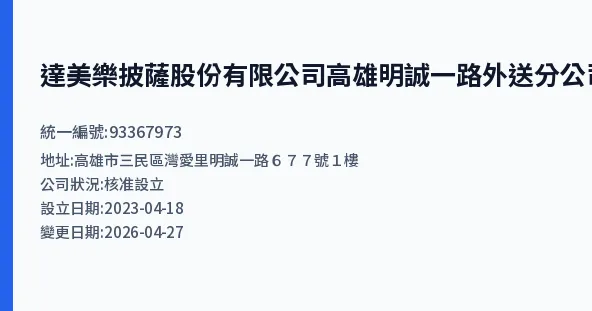 達美樂披薩股份有限公司高雄明誠一路外送分公司的照片-統編 93367973(高雄市) 公司登記資料與營業項目詳細圖表