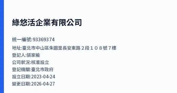綠悠活企業有限公司的照片-統編 93369374(臺北市) 公司登記資料與營業項目詳細圖表