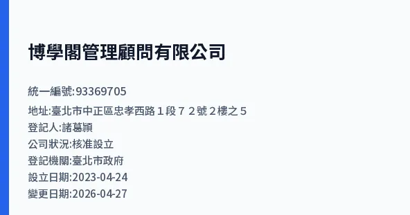 博學閣管理顧問有限公司的照片-統編 93369705(臺北市) 公司登記資料與營業項目詳細圖表